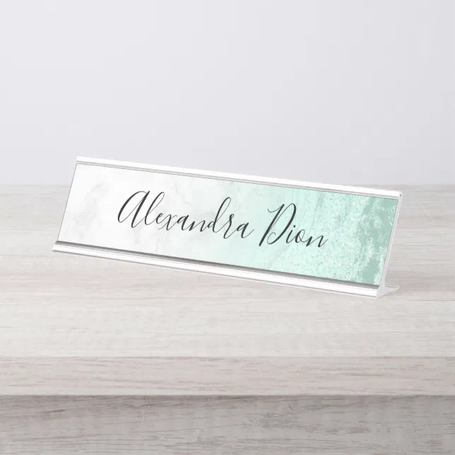 Elegant modern mint green glitter white marble desk name plate | Zazzle