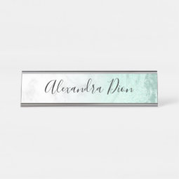 Elegant modern mint green glitter white marble desk name plate | Zazzle