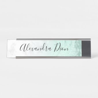 Elegant modern mint green glitter white marble desk name plate | Zazzle