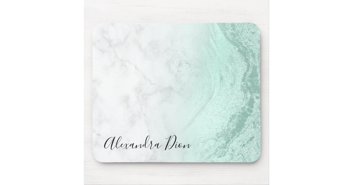 Elegant modern mint green glitter white marble mouse pad | Zazzle