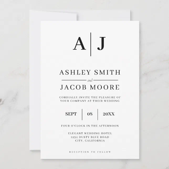 Elegant Modern Monogram Black White Wedding Invitation | Zazzle