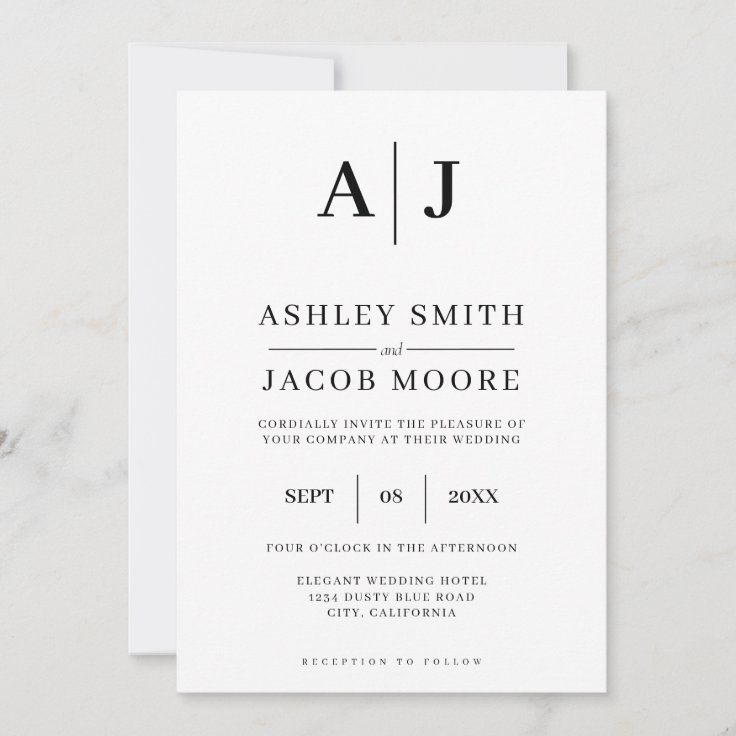 Elegant Modern Monogram Black White Wedding Invitation | Zazzle