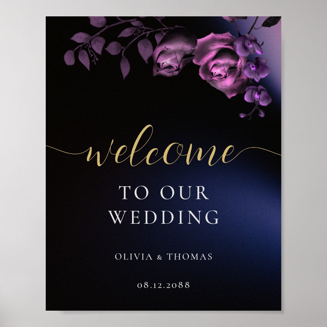Elegant Modern Moody Black Purple Floral Wedding Poster | Zazzle