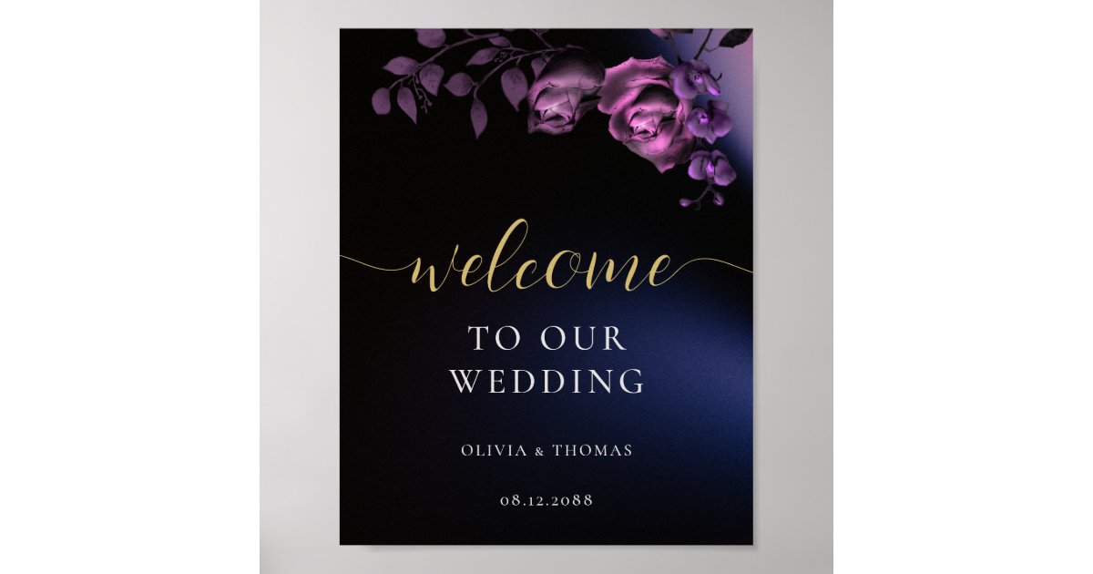 Elegant Modern Moody Black Purple Floral Wedding Poster | Zazzle