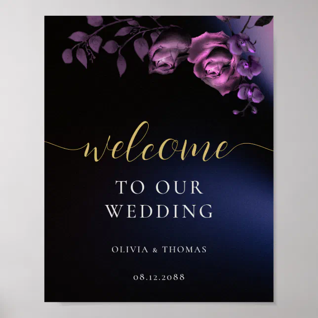 Elegant Modern Moody Black Purple Floral Wedding Poster | Zazzle