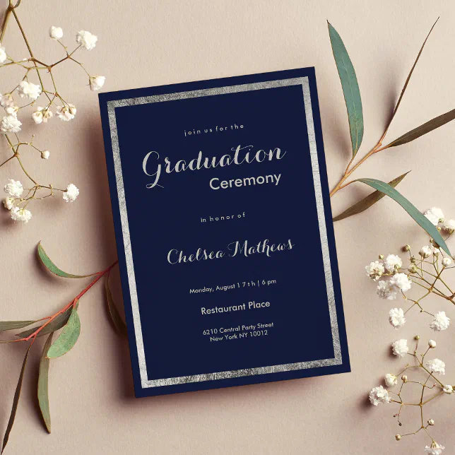 Elegant modern navy blue faux silver Graduation Invitation | Zazzle