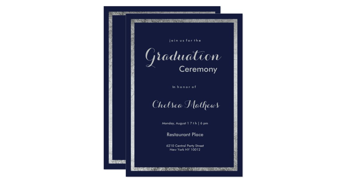 Elegant modern navy blue faux silver Graduation Invitation | Zazzle.com