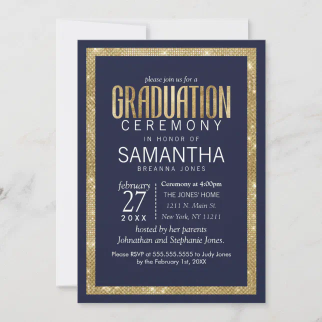 Elegant Modern Navy Blue Gold Sequin Graduation Invitation | Zazzle