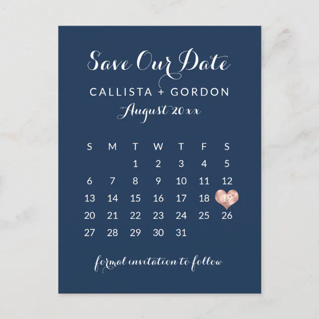 Elegant Modern Navy Blue Rose Gold Heart Calendar Announcement Postcard ...