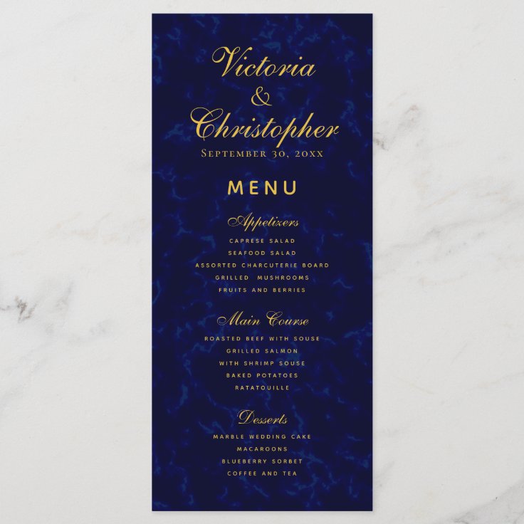 Elegant Modern Navy Blue Wedding Dinner Menu | Zazzle