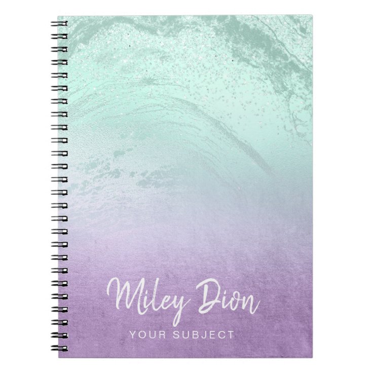 Elegant modern ombre purple & mint glitter marble notebook | Zazzle