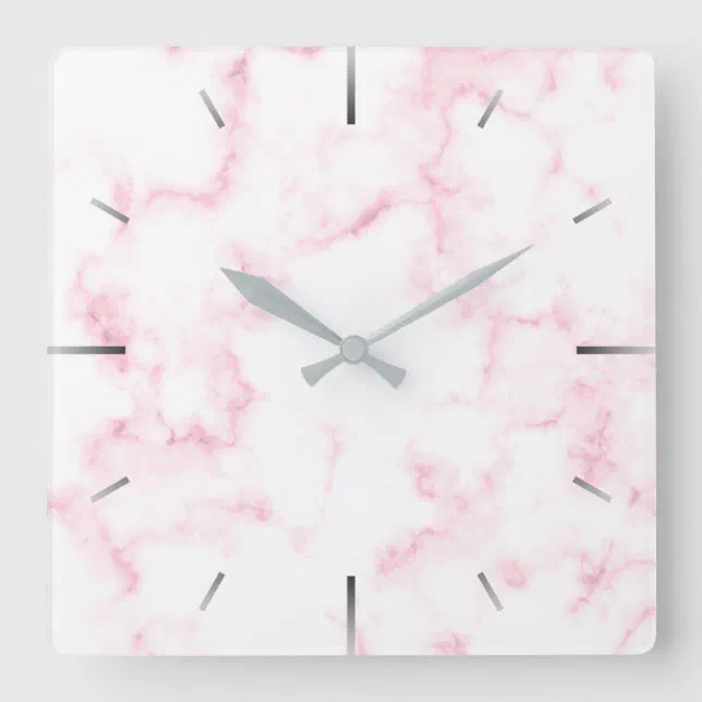 elegant modern pastel pink and white faux marble square wall clock | Zazzle
