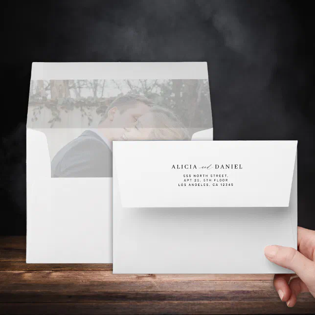 Elegant modern photo wedding return address envelope | Zazzle