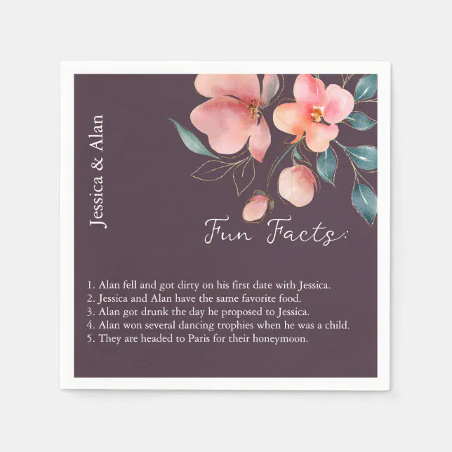 Elegant Modern Pink and Gold Floral Fun Facts Napkins | Zazzle