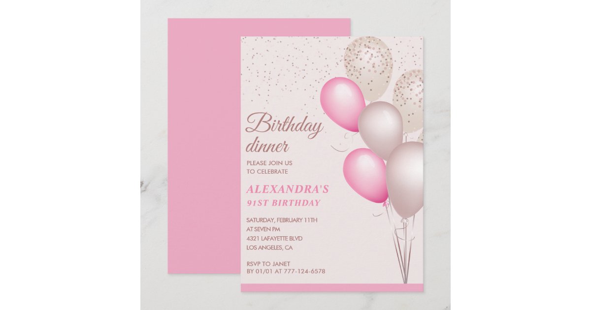 Elegant Modern Pink Birthday dinner 91st birthday Invitation | Zazzle