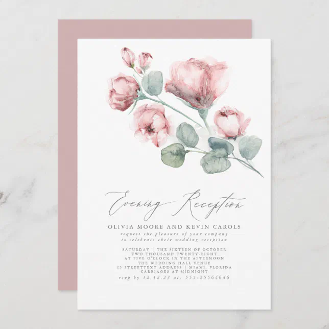 Elegant Modern Pink Rose Floral Evening Reception Invitation | Zazzle