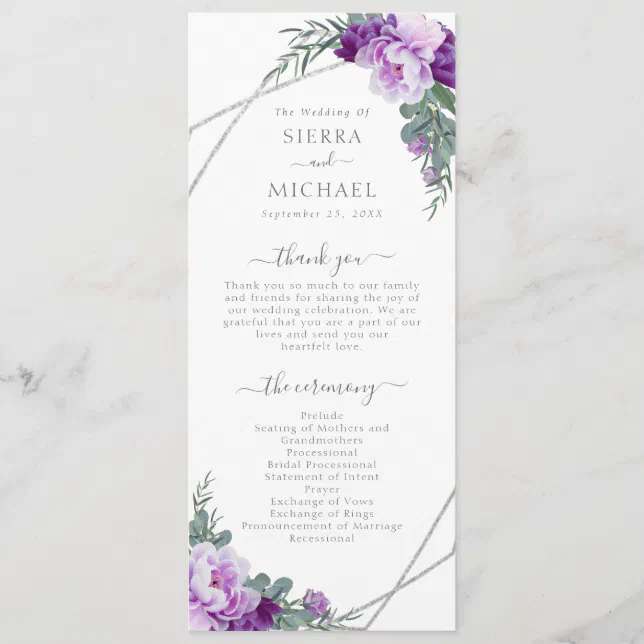Elegant Modern Purple & Silver Floral Wedding Program | Zazzle