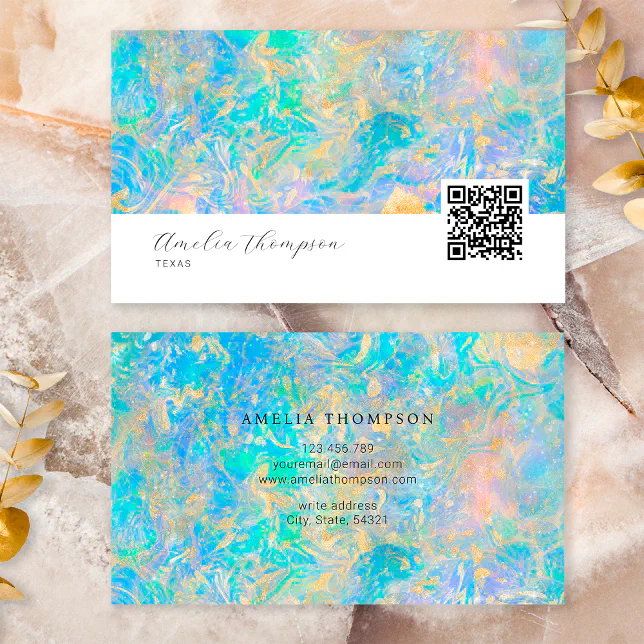Elegant Modern Qr Code Gold Opal Stone Business Card | Zazzle