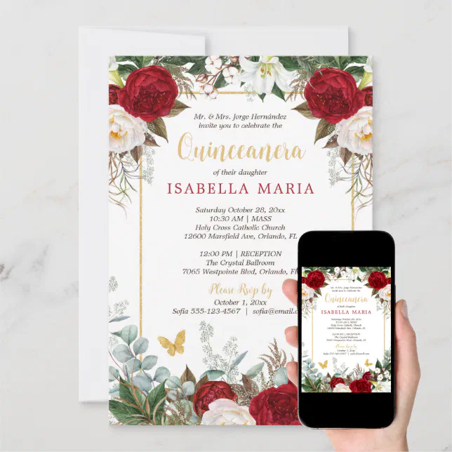 Elegant Modern Red Floral with Photo Quinceañera Invitation | Zazzle