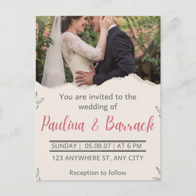 Elegant Modern Romantic Minimalist Photo Wedding Invitation Postcard ...