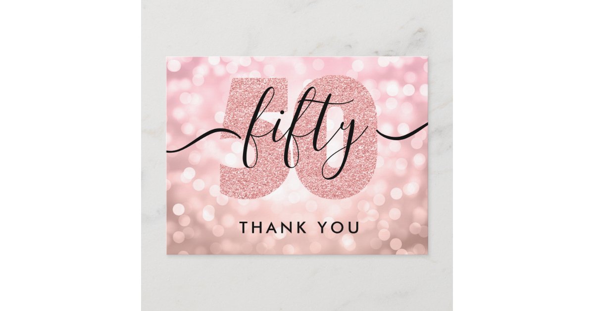 Elegant Modern Rose Gold 50th Birthday Thank You Postcard | Zazzle.com