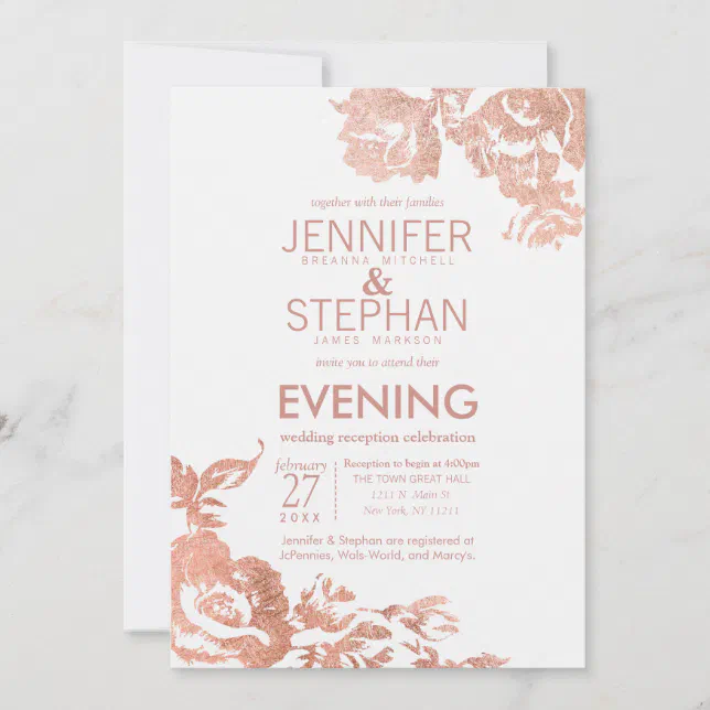 Elegant Modern Rose Gold Floral Reception Invitation | Zazzle