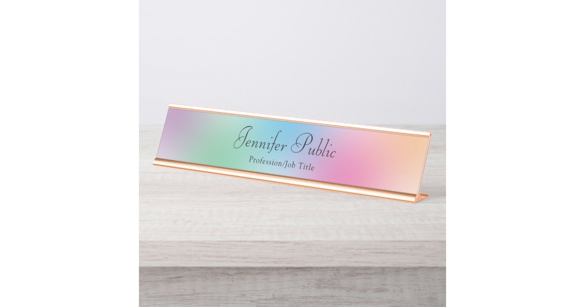 Elegant Modern Rose Gold Rainbow Colors Template Desk Name Plate | Zazzle