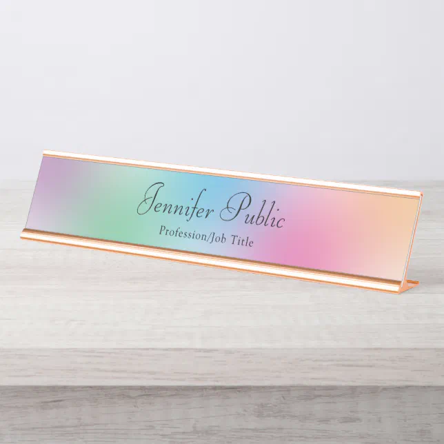 Elegant Modern Rose Gold Rainbow Colors Template Desk Name Plate | Zazzle