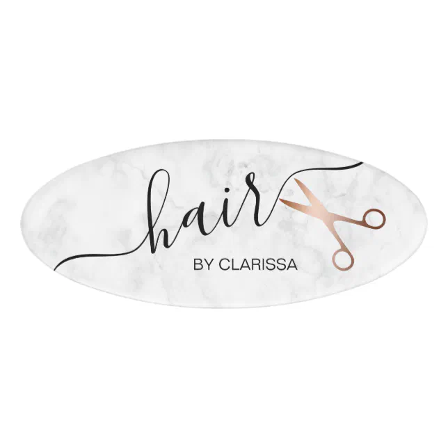 Elegant modern rose gold scissors hairstylist name tag | Zazzle
