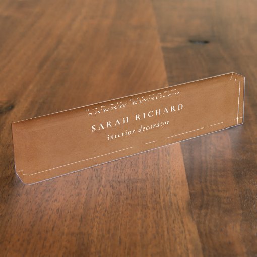 Elegant Modern Rustic Tan Leather Texture Custom Desk Name Plate | Zazzle