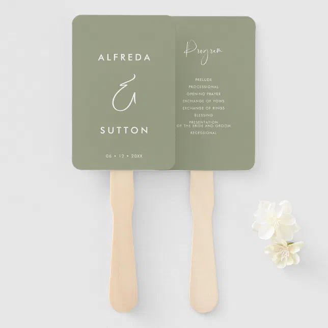 Elegant & Modern Sage Green Wedding program Hand Fan | Zazzle