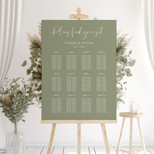 Elegant & Modern Sage Green wedding Seating chart Foam Board | Zazzle