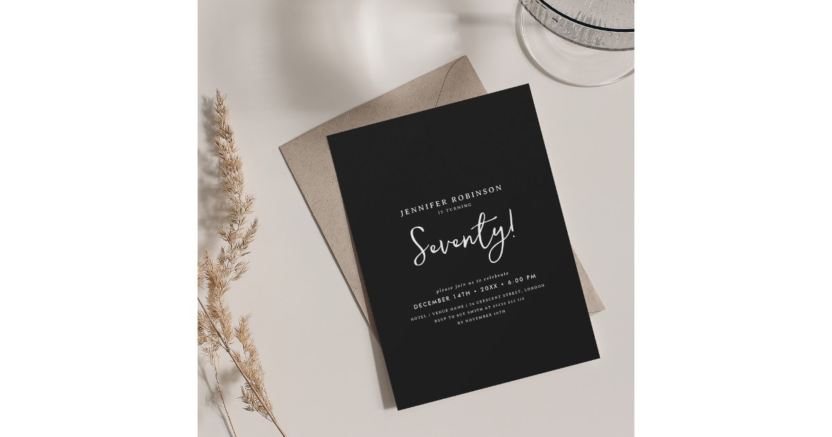 Elegant Modern Script 70th Birthday Party Black Invitation | Zazzle
