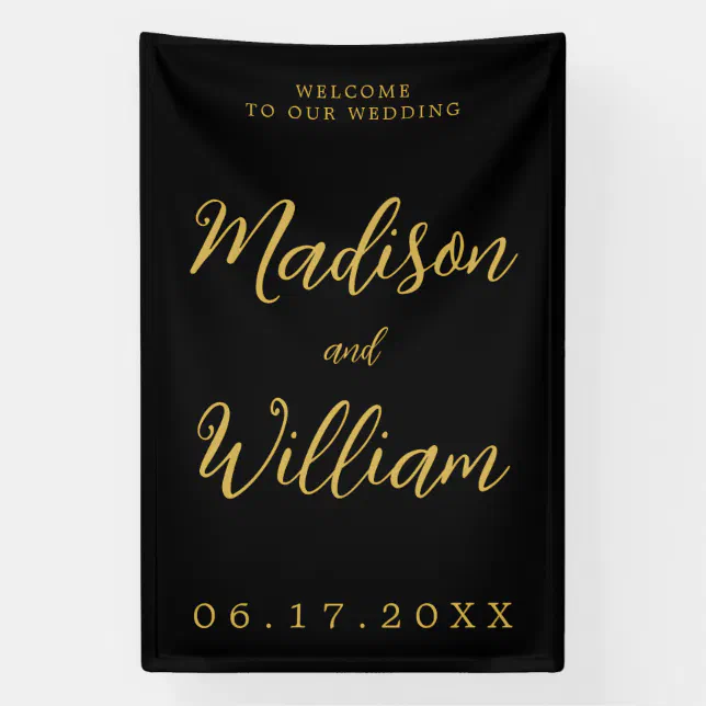 Elegant Modern Script Black Gold Welcome Wedding Banner | Zazzle