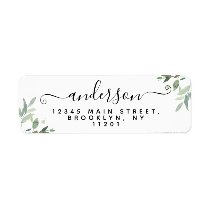 Elegant Modern Script Black Last Name Greenery Label | Zazzle