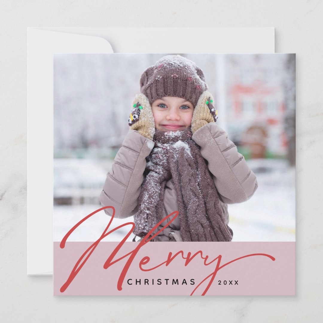 Elegant Modern Script Merry Photo Flat Holiday Card | Zazzle