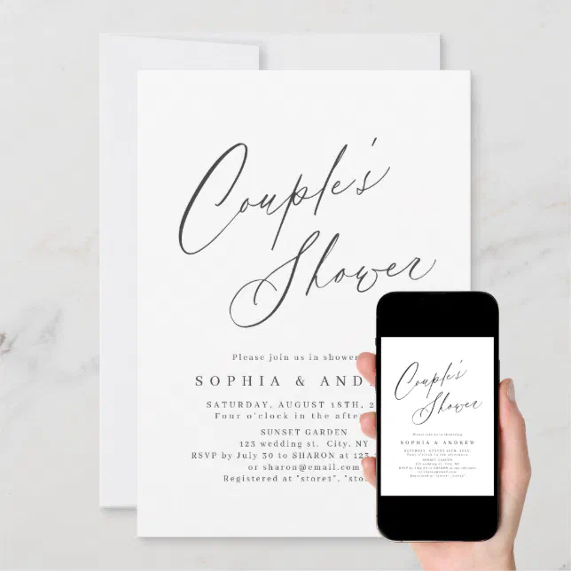 Elegant modern script minimal couples shower invitation | Zazzle