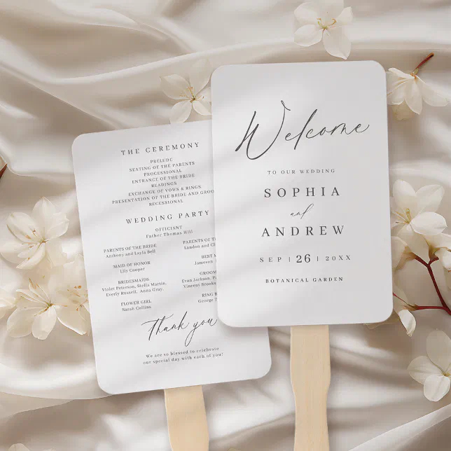 Elegant modern script minimalist wedding program hand fan | Zazzle