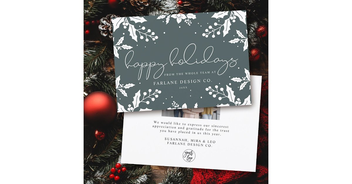 Elegant Modern Script Mistletoe Photo Logo Happy Holiday Card | Zazzle