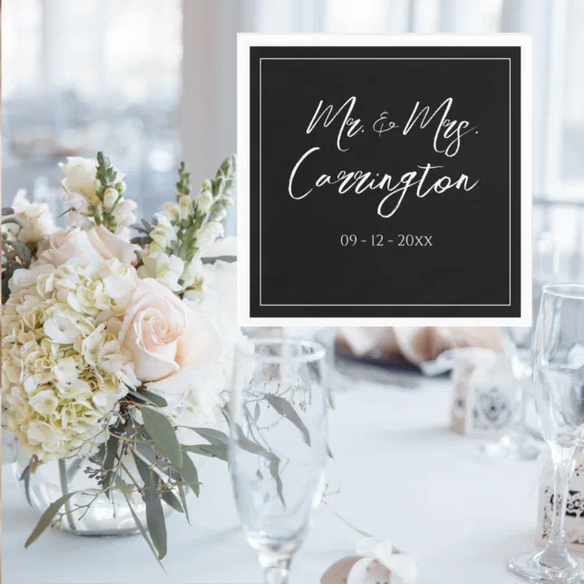 Elegant Modern Script Mr. Mrs. Black Wedding Napkins | Zazzle