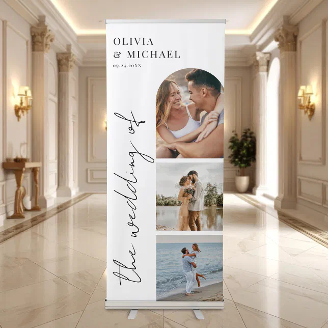 Elegant Modern Script Photo Wedding Retractable Banner | Zazzle