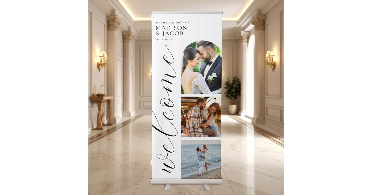 Elegant Modern Script Photo Wedding Welcome Retractable Banner | Zazzle