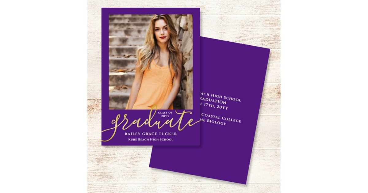 Elegant Modern Script Purple Photo Graduation Announcement | Zazzle