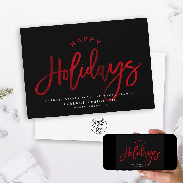 Elegant Modern Script Red Foil Corporate Happy Holiday Card | Zazzle