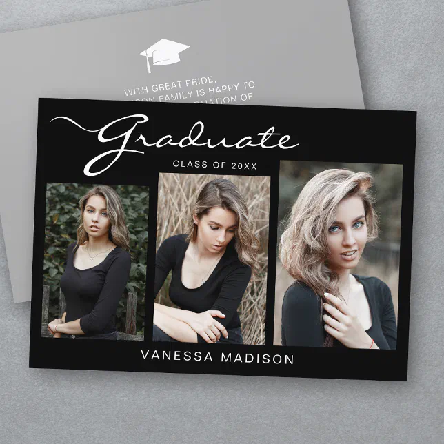 Elegant Modern Script Simple | 3 Photo Graduation Announcement | Zazzle