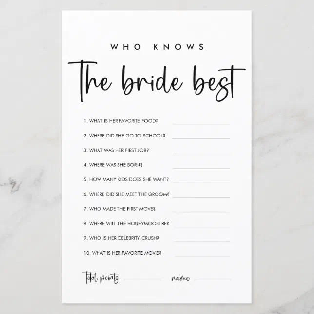 Elegant Modern Script | Who Knows The Bride Best | Zazzle