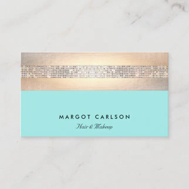 Elegant Modern Sequin and Gold Striped Turquoise Business Card | Zazzle