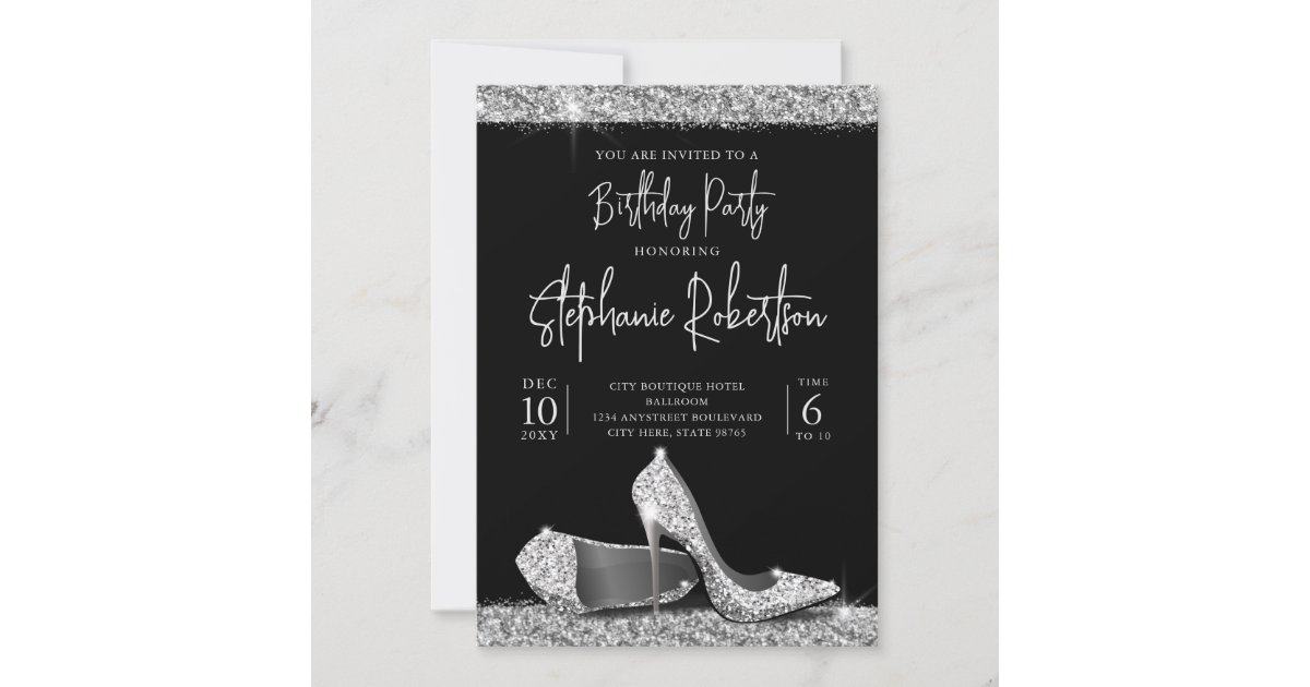Elegant Modern Silver Black High Heels Birthday Invitation | Zazzle