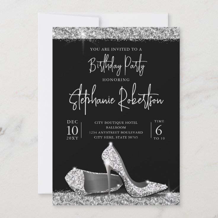 Elegant Modern Silver Black High Heels Birthday Invitation | Zazzle