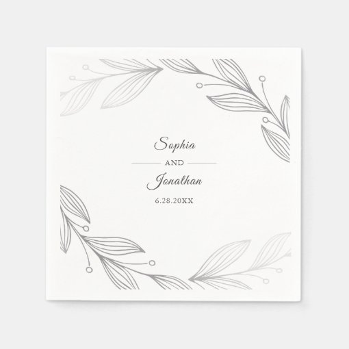 Elegant Modern Silver Botanical Custom Wedding Napkins | Zazzle
